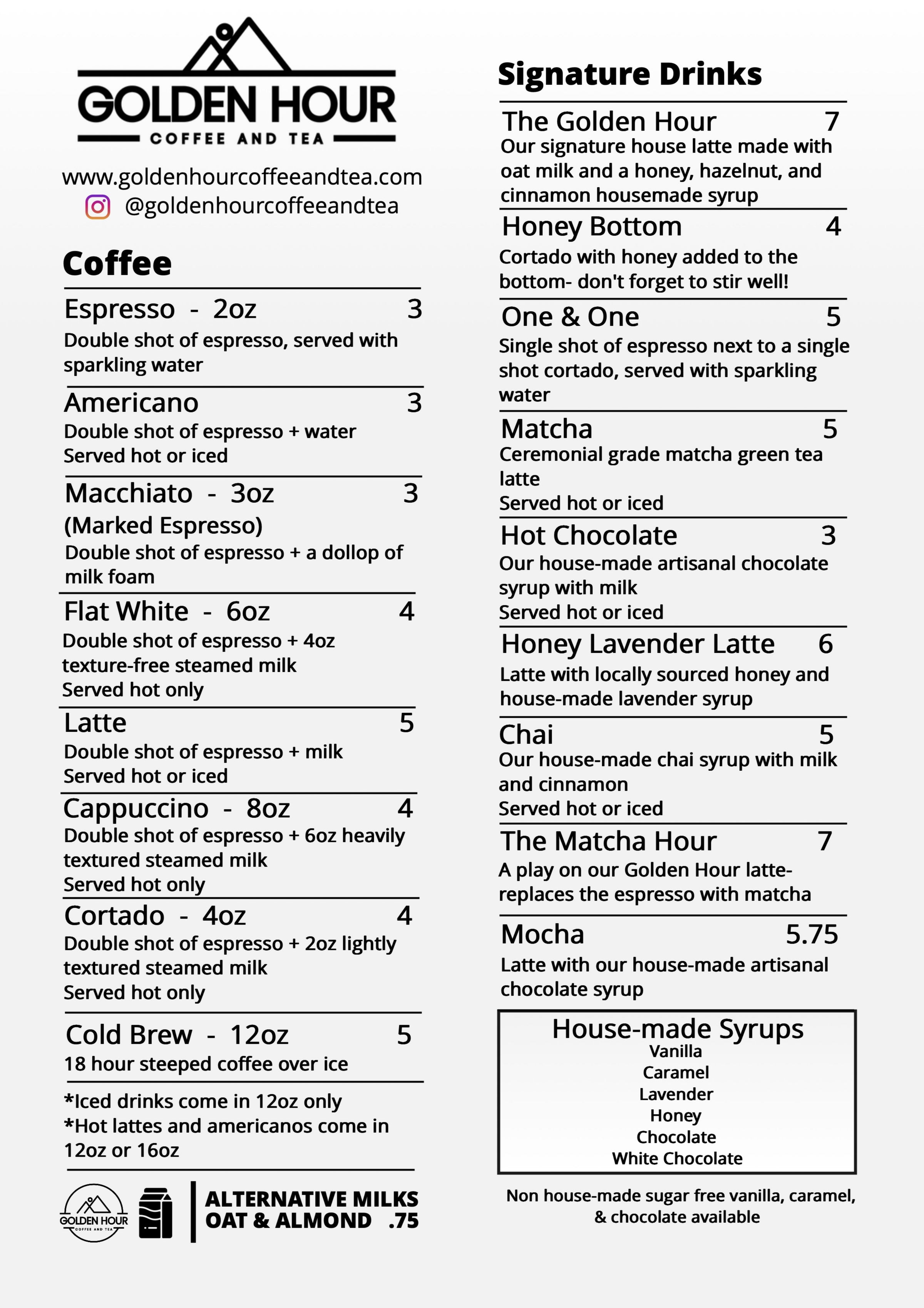 Menu | Golden Hour Coffee and Tea